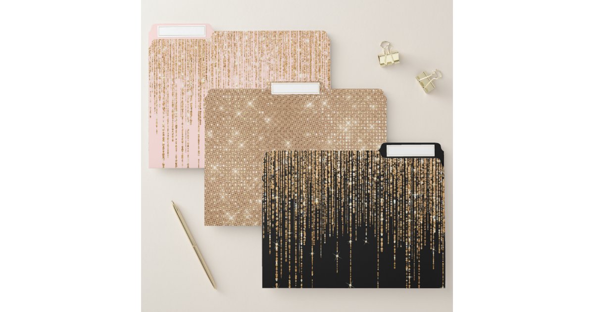 Luxury Chic Black Gold Sparkly Glitter Fringe File Folder | Zazzle
