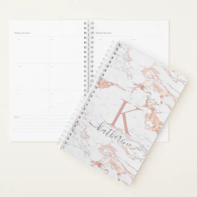 Luxury Chic Rose Gold Foil | Marble Monogram Planner | Zazzle