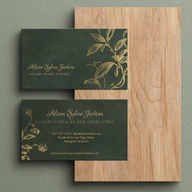 Luxury dark green elegant faux gold foil foliage business card | Zazzle