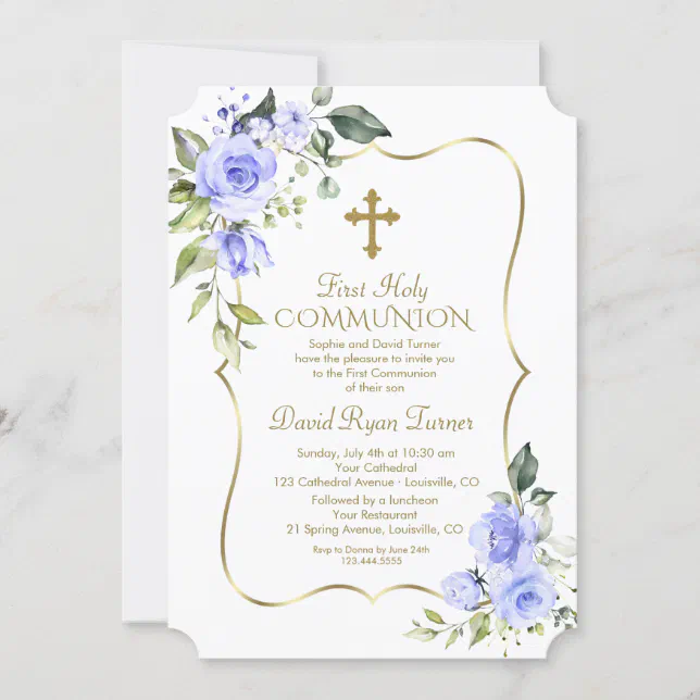 Luxury Delicate Blue Flowers First Holy Communion Invitation | Zazzle