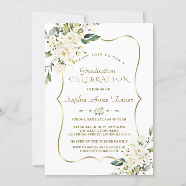 Luxury Delicate White Floral Gold Graduation Party Invitation | Zazzle