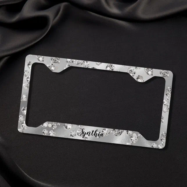 luxury diamonds silver background glittering girly license plate frame ...
