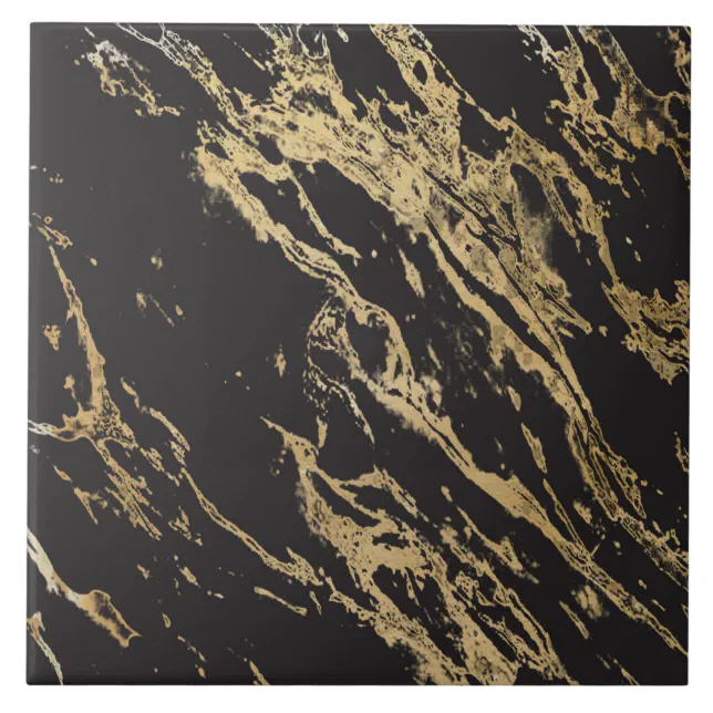 Luxury Elegant Black and Gold Marble Ceramic Tile | Zazzle