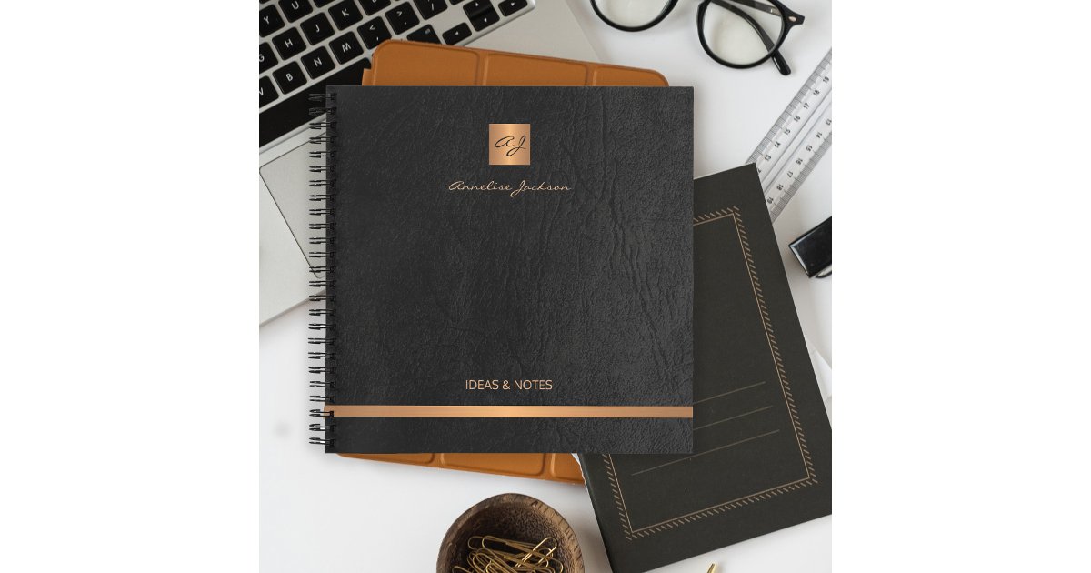 Luxury elegant black leather gold monogrammed notebook | Zazzle