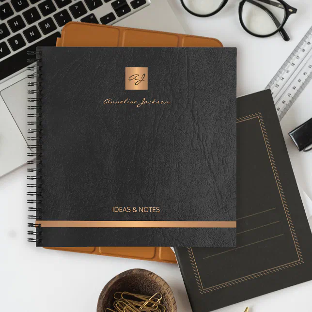 Luxury elegant black leather gold monogrammed notebook | Zazzle