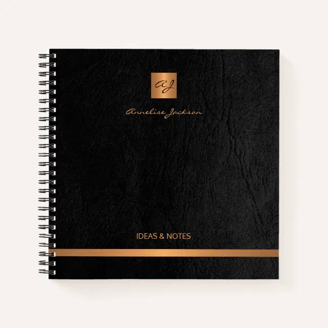 Luxury elegant black leather gold monogrammed notebook | Zazzle
