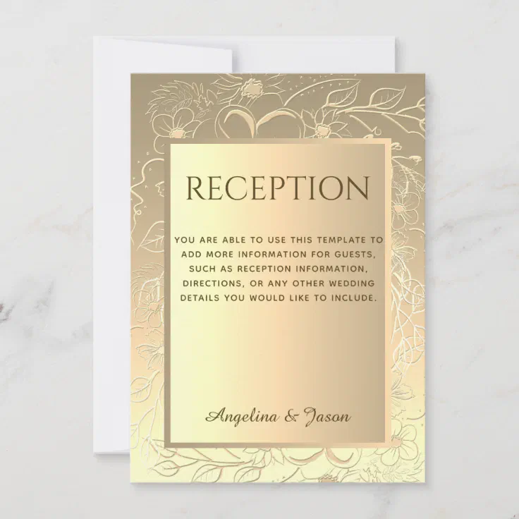 Luxury Elegant Floral Gold Wedding Reception Card | Zazzle