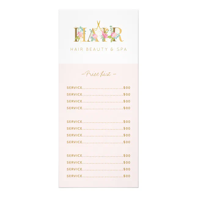 Luxury elegant hair salon pink gold service menu | Zazzle