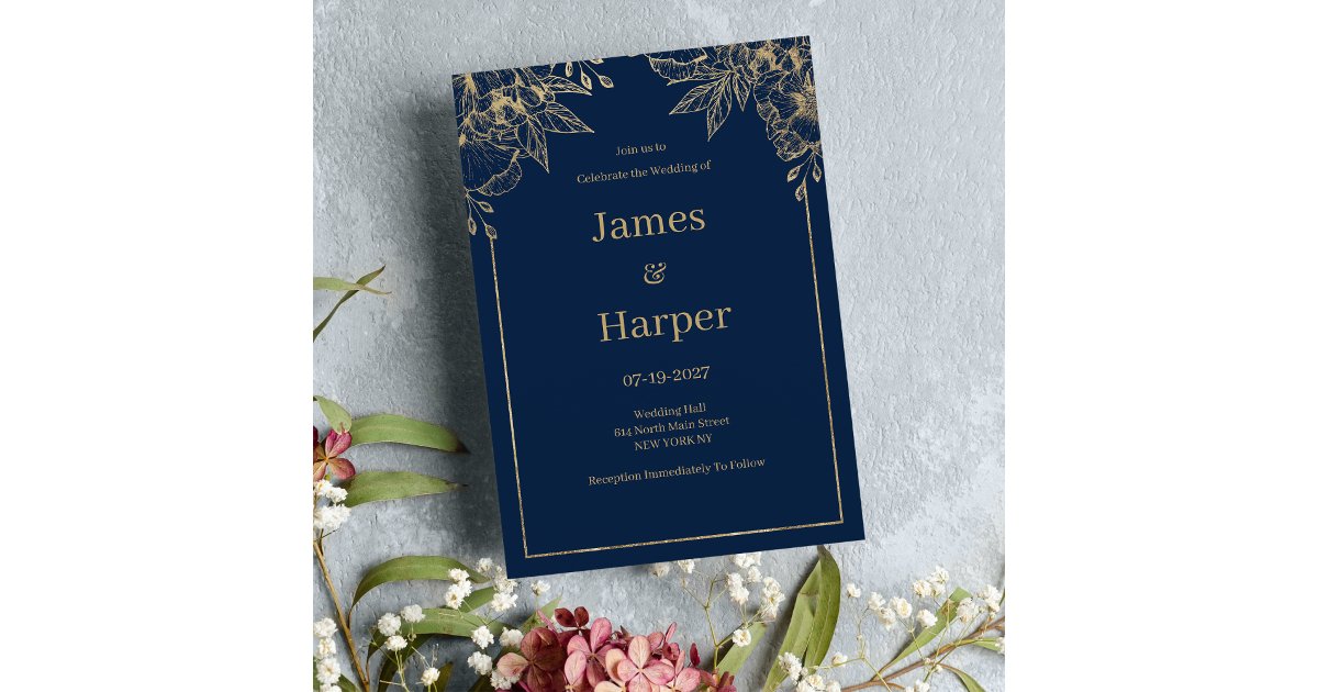 Luxury elegant navy blue gold floral Wedding Invitation | Zazzle