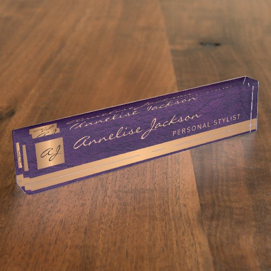 Luxury elegant purple leather gold monogrammed desk name plate | Zazzle.com