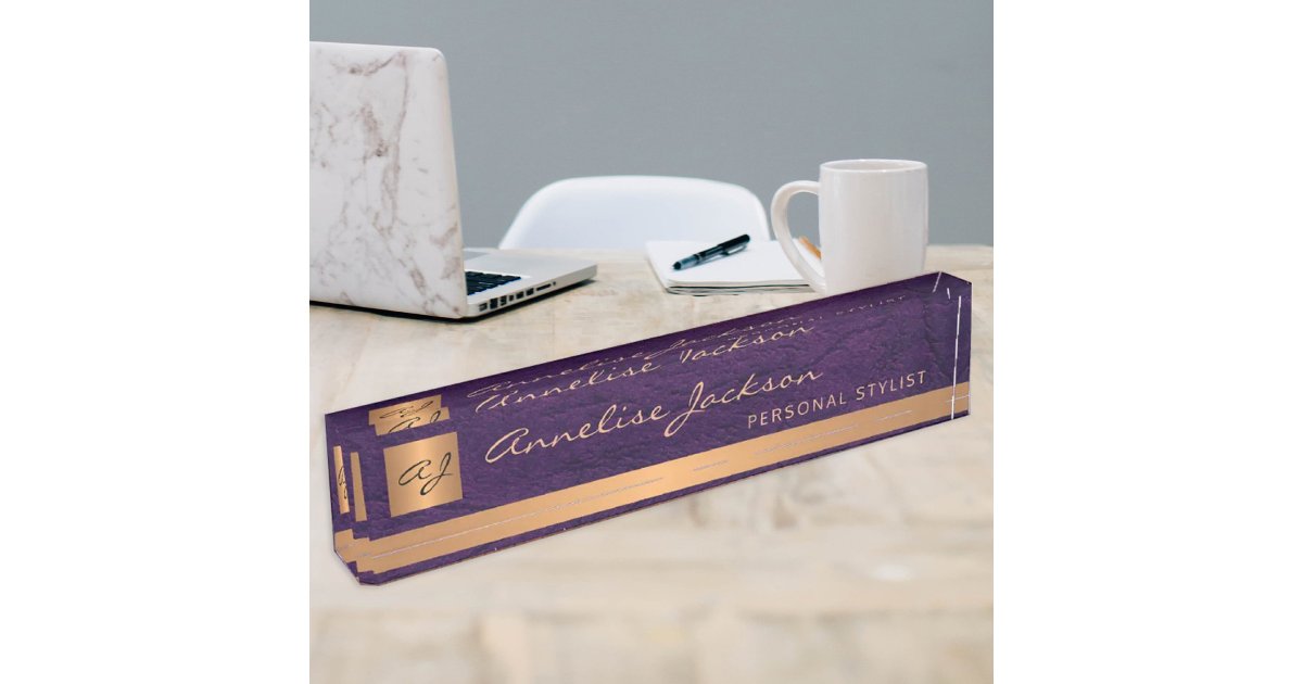 Luxury elegant purple leather gold monogrammed desk name plate | Zazzle