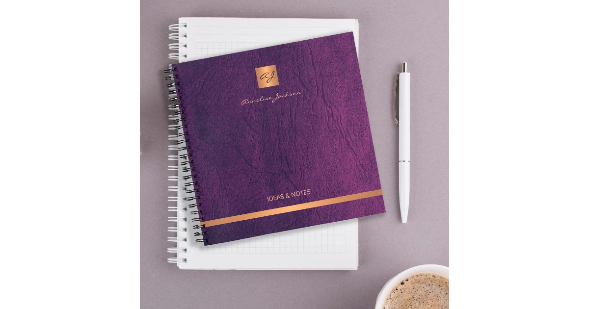 Luxury elegant purple leather gold monogrammed notebook | Zazzle