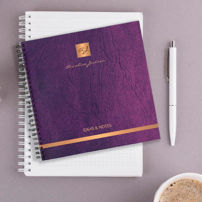 Luxury elegant purple leather gold monogrammed notebook | Zazzle