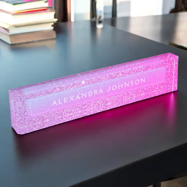 Luxury Elegant Purple Pink Glitter Sparkle Modern Desk Name Plate | Zazzle
