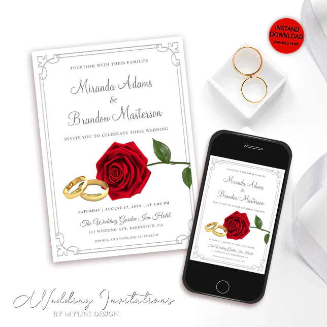 Luxury Elegant Red Rose Floral Wedding Invitation | Zazzle