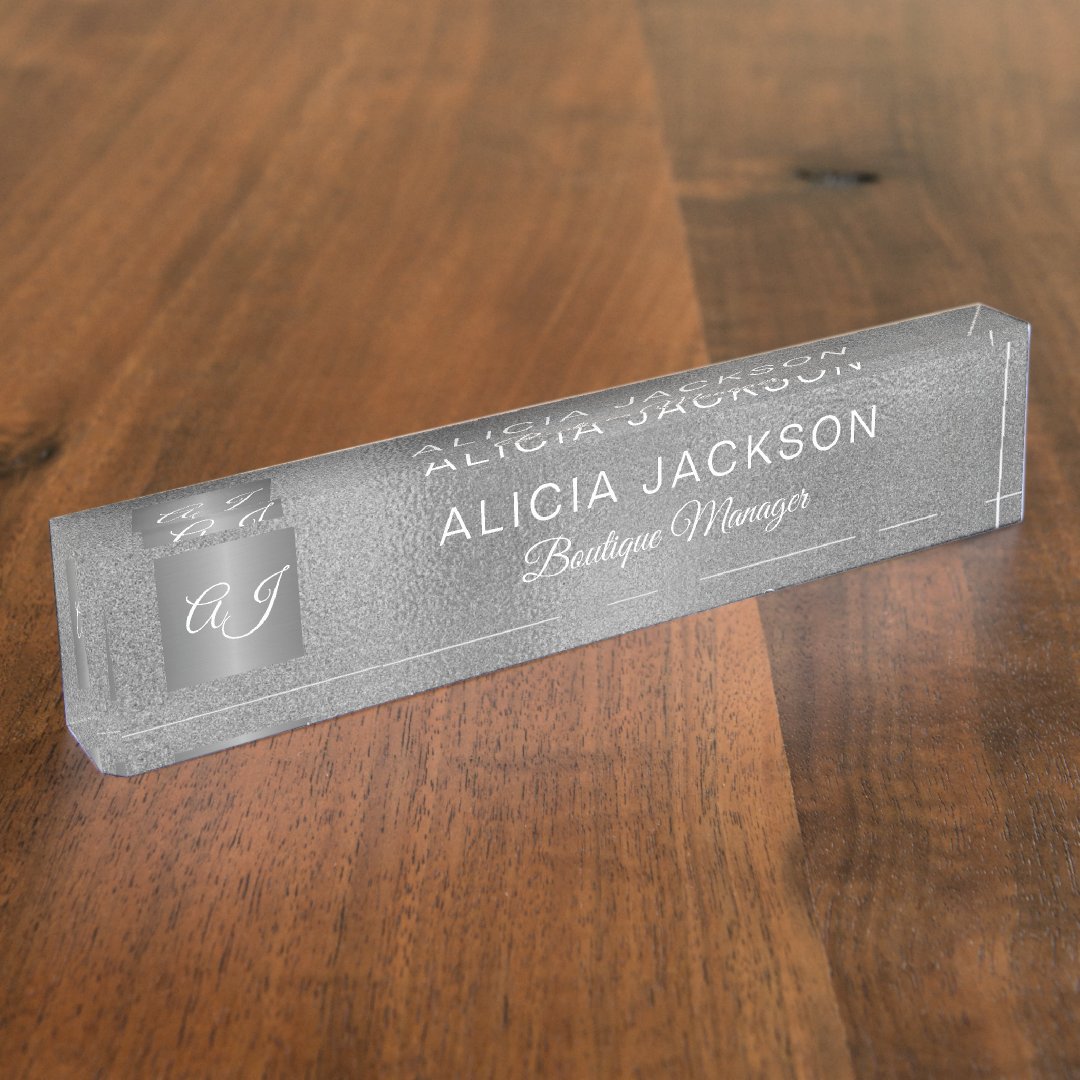 Luxury elegant silver glitter grey monogrammed desk name plate | Zazzle