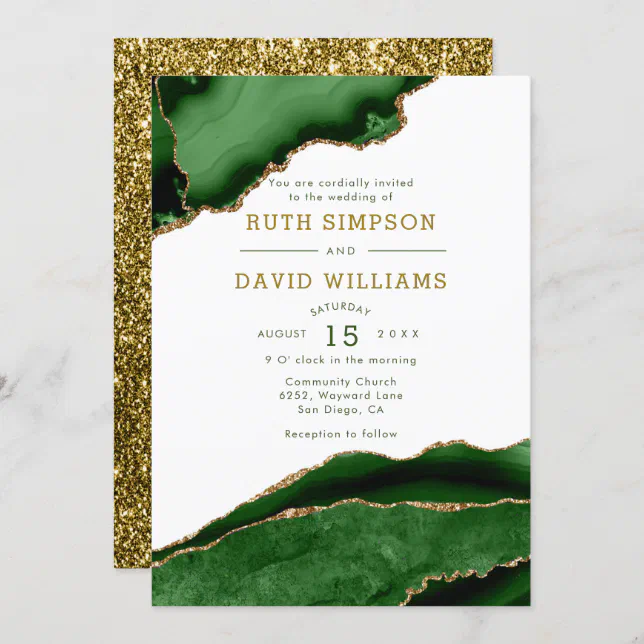 Luxury Emerald and Gold Glitter Agate Wedding Invitation | Zazzle