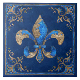 Luxury Fleur-de-lis - blue marble and gold Ceramic Tile | Zazzle