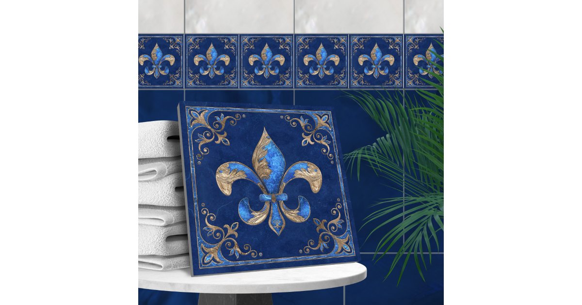 Luxury Fleur-de-lis - blue marble and gold Ceramic Tile | Zazzle