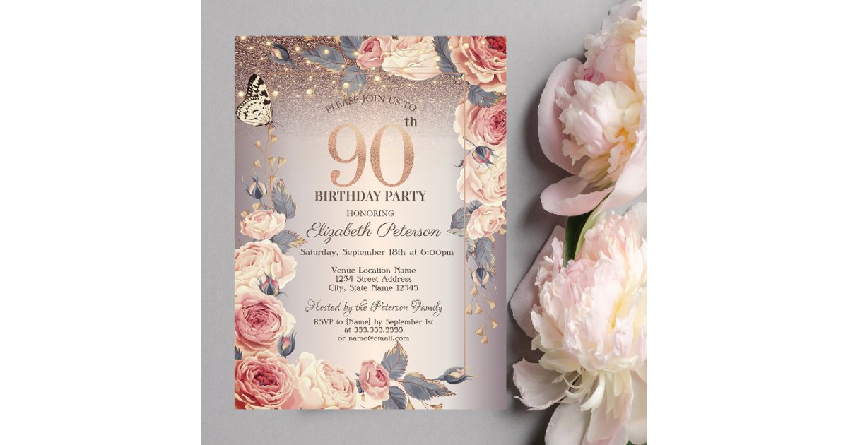 Luxury Floral,Butterfly,Lights 90th Birthday Invitation | Zazzle