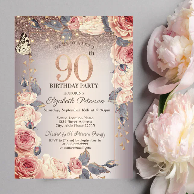 Luxury Floral,Butterfly,Lights 90th Birthday Invitation | Zazzle