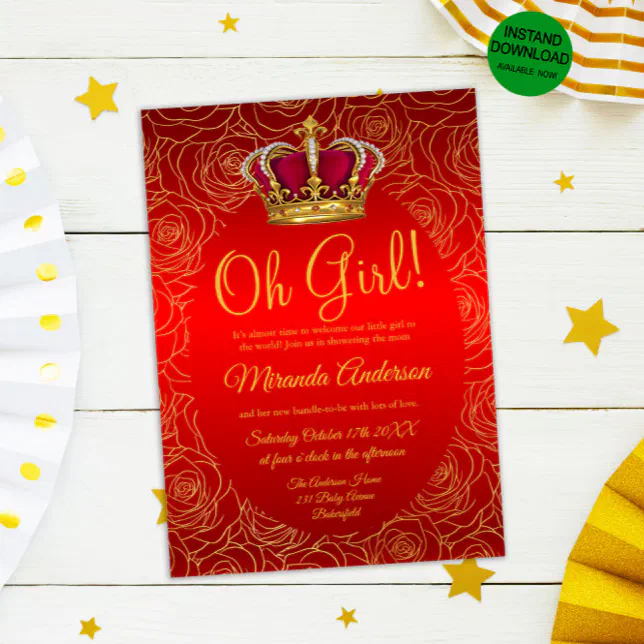 Luxury Floral Gold Royal Red Baby Shower Invitation | Zazzle