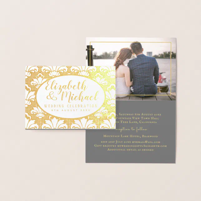 Luxury FOIL PHOTO Folded Elegant DAMASK WEDDING Foil Card | Zazzle