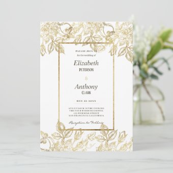 Luxury glam elegant white gold floral Wedding Invitation | Zazzle