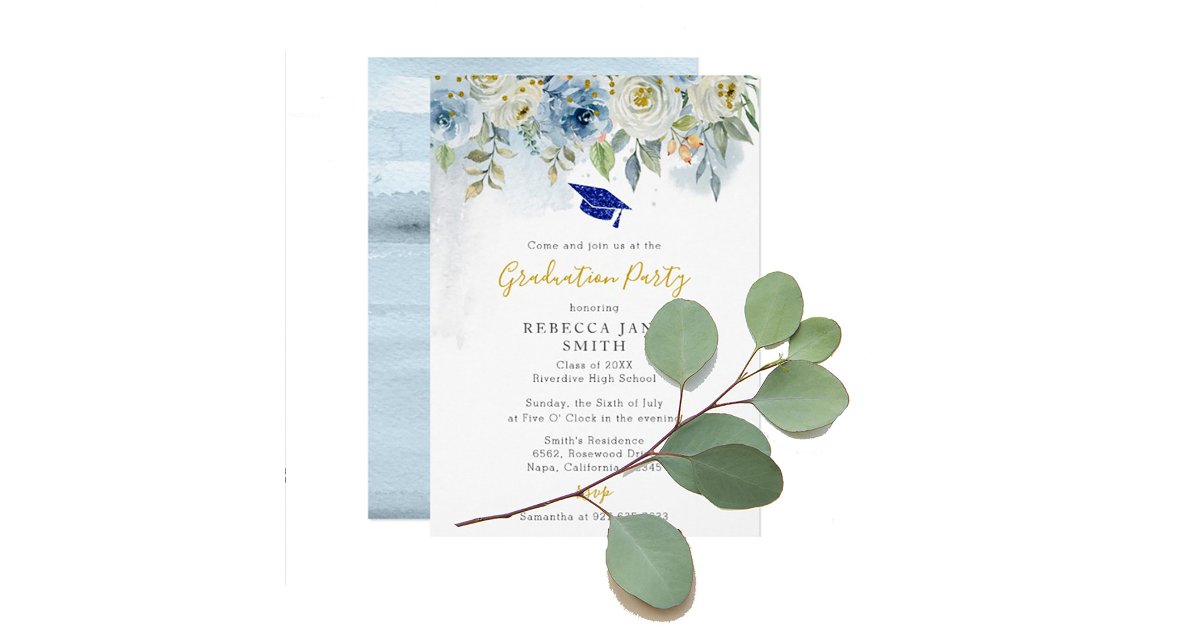 Luxury Gold and Blue Glitter Hat Graduation Party Invitation | Zazzle