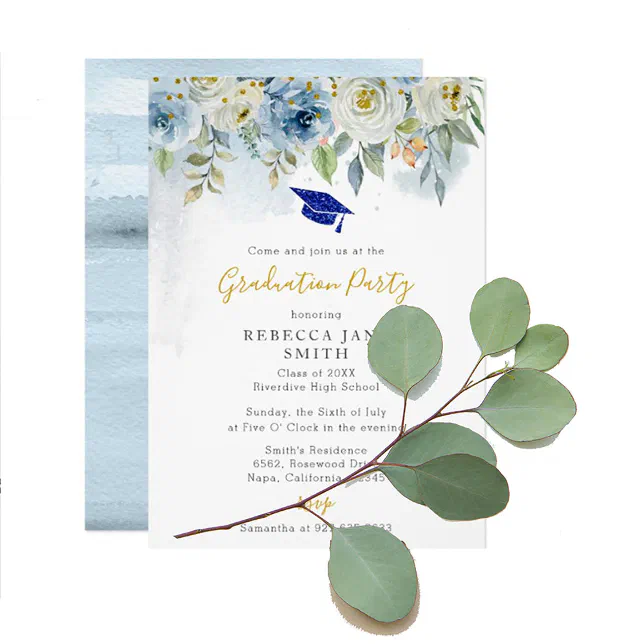 Luxury Gold and Blue Glitter Hat Graduation Party Invitation | Zazzle