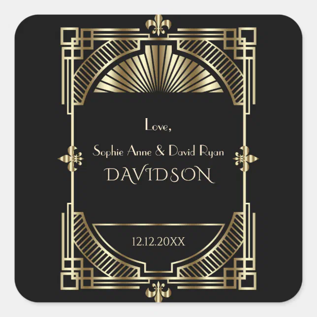 Luxury Gold Black Great Gatsby Roaring 20s Wedding Square Sticker | Zazzle
