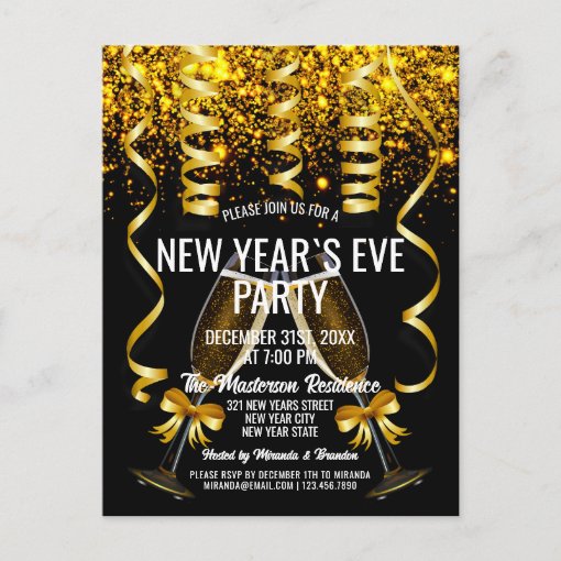 Luxury Gold Black New Year`s Eve Party Invitation Postcard | Zazzle