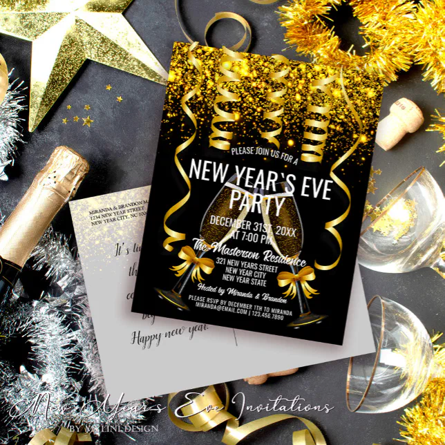 Luxury Gold Black New Year`s Eve Party Invitation Postcard | Zazzle