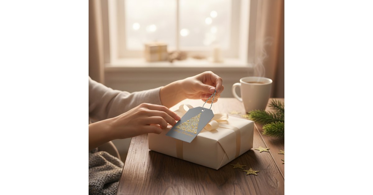Luxury Gold Christmas Tree Holiday Gift Tag Label | Zazzle