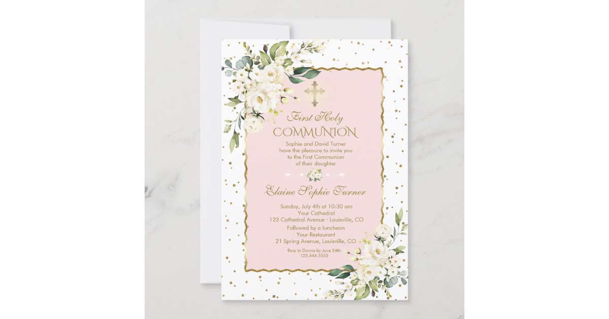 Luxury Gold Confetti White Floral Holy Communion Invitation | Zazzle