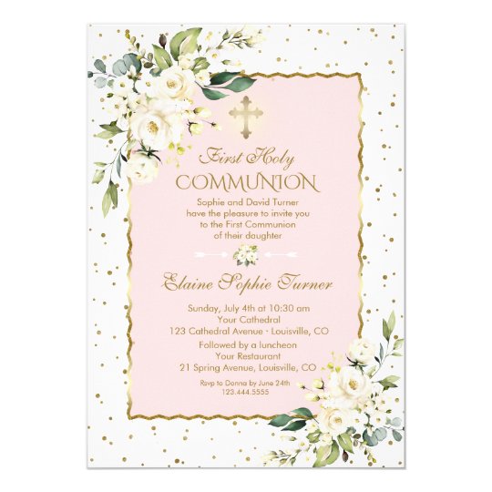Luxury Gold Confetti White Floral Holy Communion Invitation | Zazzle.com