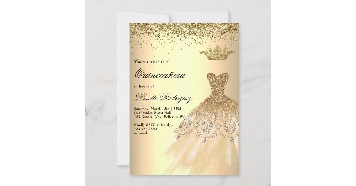 Luxury Gold Dress Crown Quinceanera Invitation | Zazzle