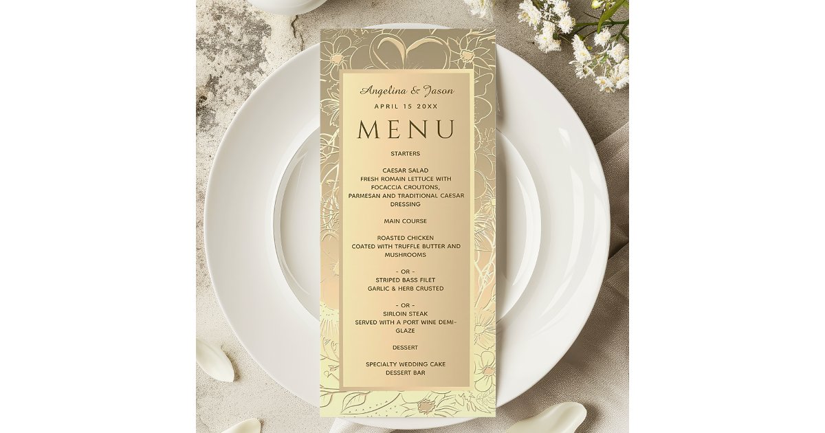 Luxury Gold Foil Floral Wedding Menu | Zazzle
