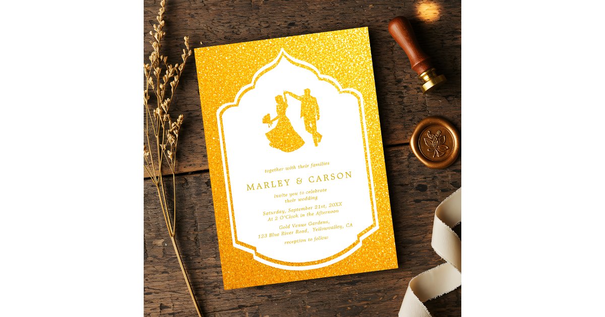 Luxury Gold Frame Chic Couple Artwork Wedding Invitation | Zazzle