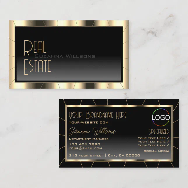 Luxury Gold Frame Dark Gradient Stylish with Logo Business Card | Zazzle