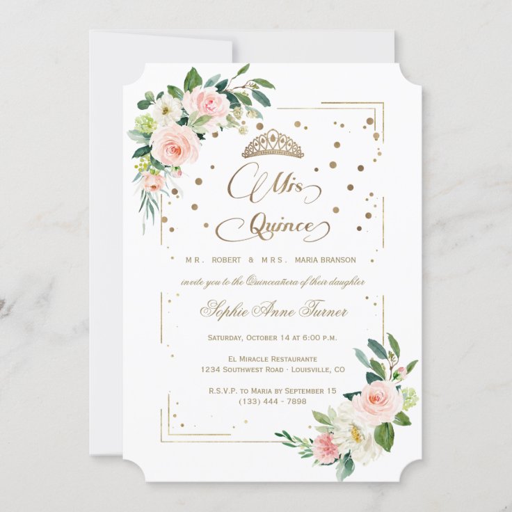 Luxury Gold Glitter Floral Mis Quince Quinceañera Invitation | Zazzle