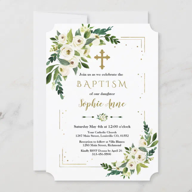 Luxury Gold Glitter Frame White Floral Baptism Invitation | Zazzle