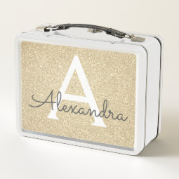 Luxury Gold Glitter & Sparkle Monogram Metal Lunch Box | Zazzle