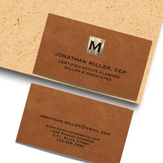 Luxury Gold Initial Logo Sable Leather Business Card | Zazzle