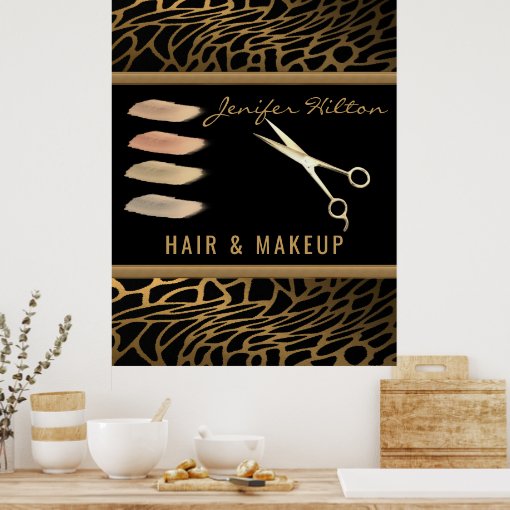 Luxury gold leopard hair & makeup salon poster | Zazzle