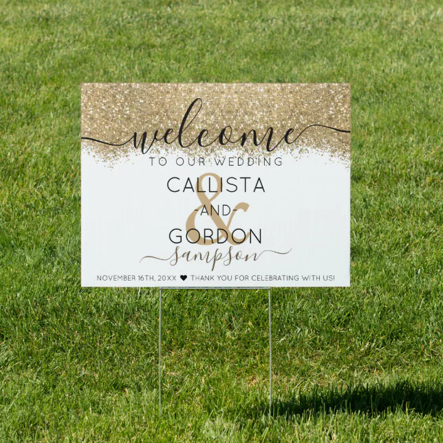 Luxury Gold White Glitter Confetti Wedding Welcome Sign | Zazzle