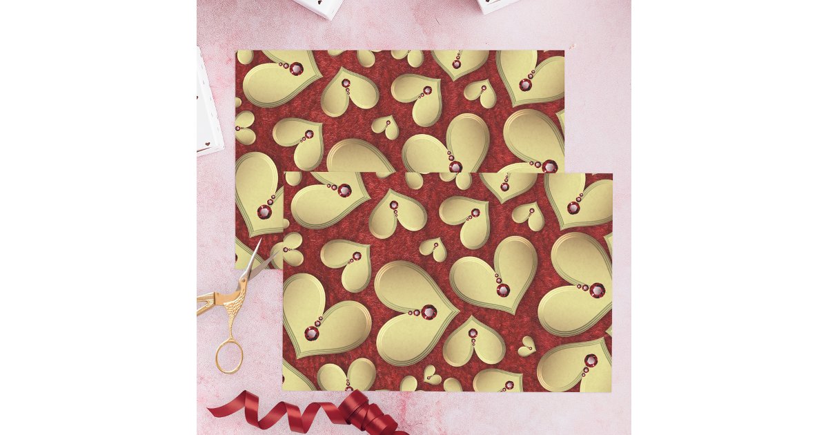 Luxury Golden Heart with Red Gems on Deep Red Tissue Paper | Zazzle
