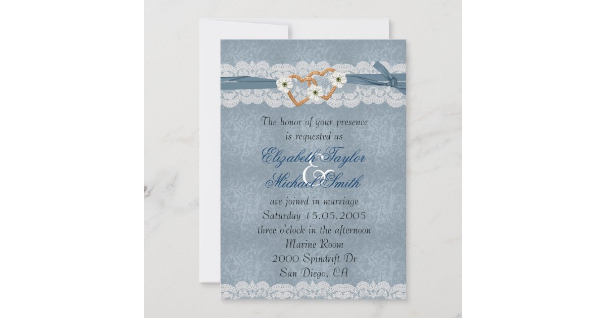 Luxury Lace Blue Ribbon Hearts Wedding Invite | Zazzle