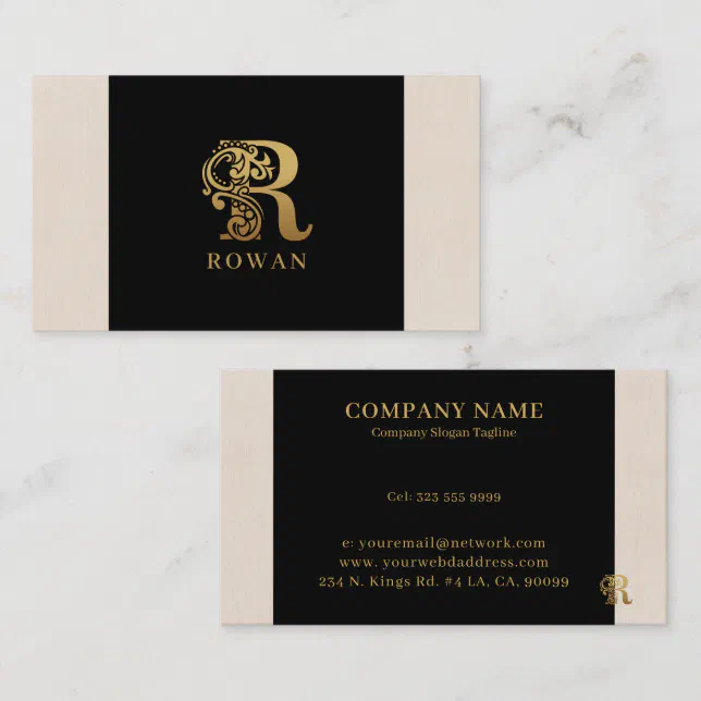 Luxury logo R in gold on black Business Card | Zazzle