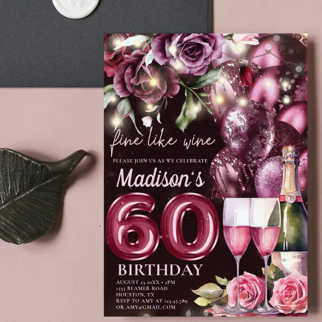 Luxury Magenta Wine Adult 60th Birthday Invitation | Zazzle